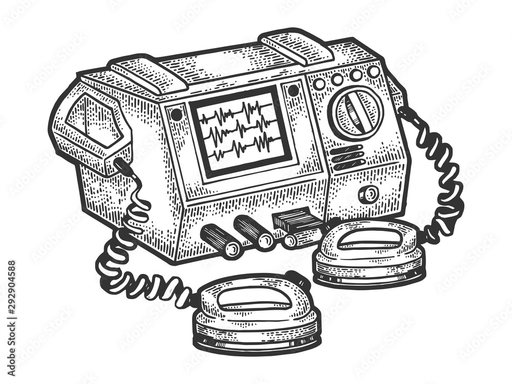 Defibrillator heart cardiac medical electronic device sketch engraving ...