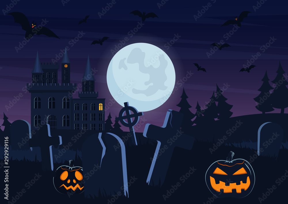 Halloween spooky graveyard flat vector background. Scary haunted house ...