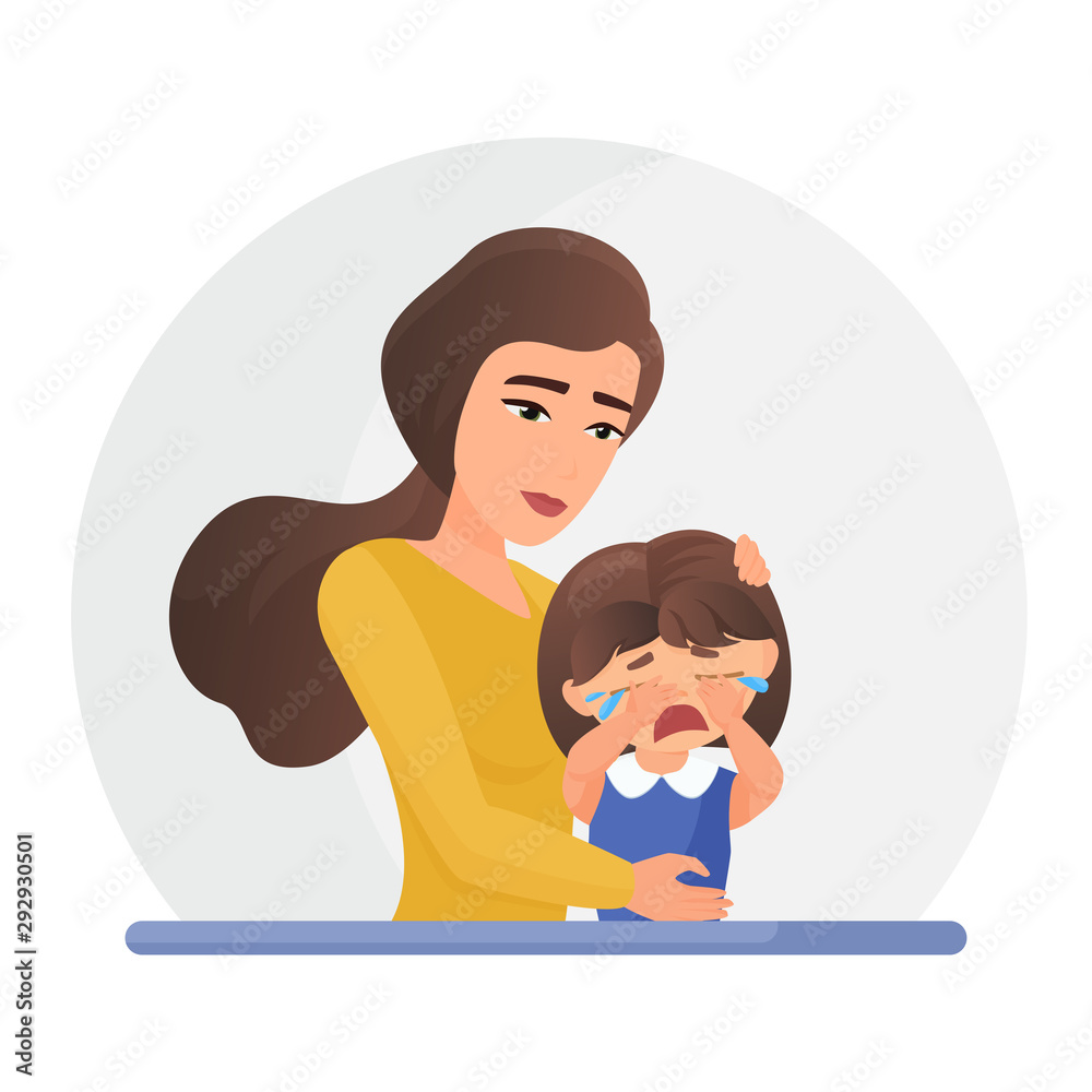 Mother supporting crying little daughter flat vector illustration ...