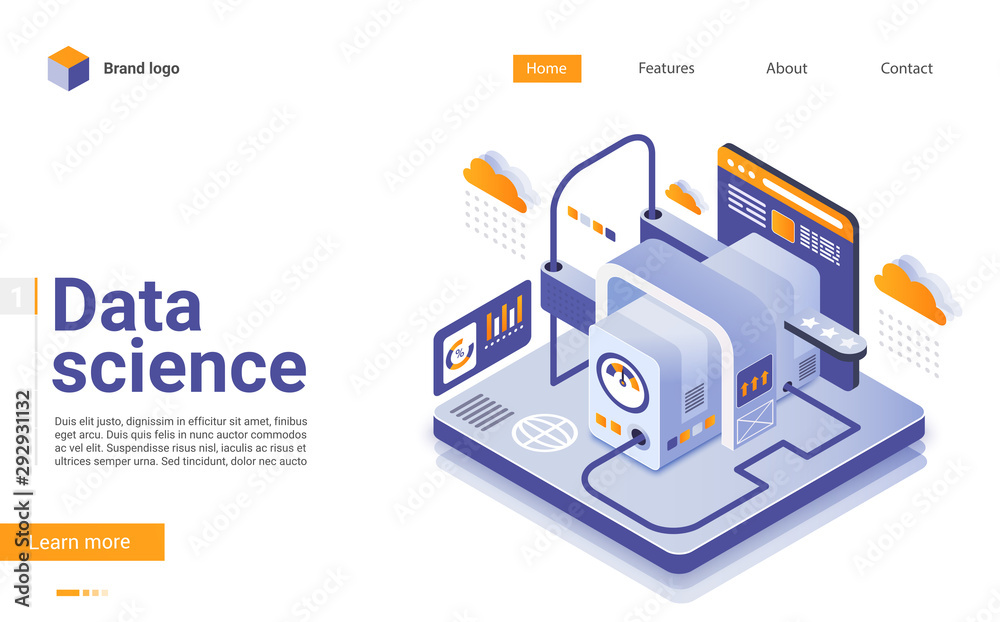 Vecteur Stock Data science isometric landing page vector template ...