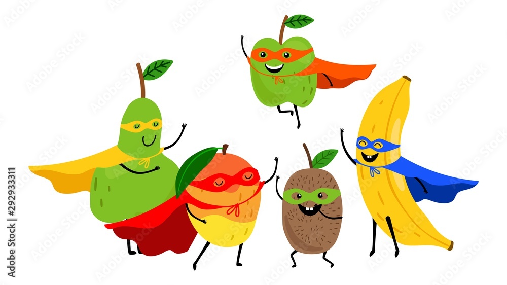Superhero fruits team. Cute cartoon fruit superheroes isolated on white ...