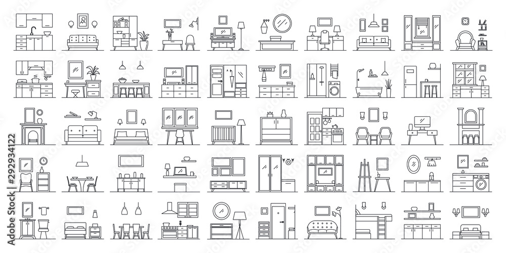 Set of 50 interior design in outline style Stock Vector | Adobe Stock