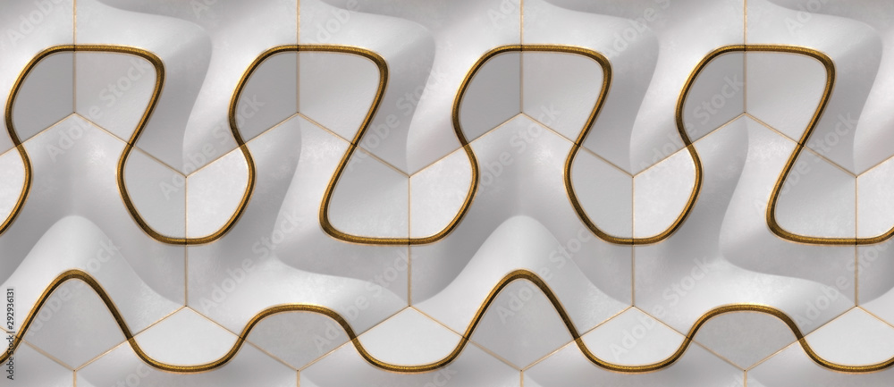 White concrete futuristic tiles with hard golden decor line elements ...
