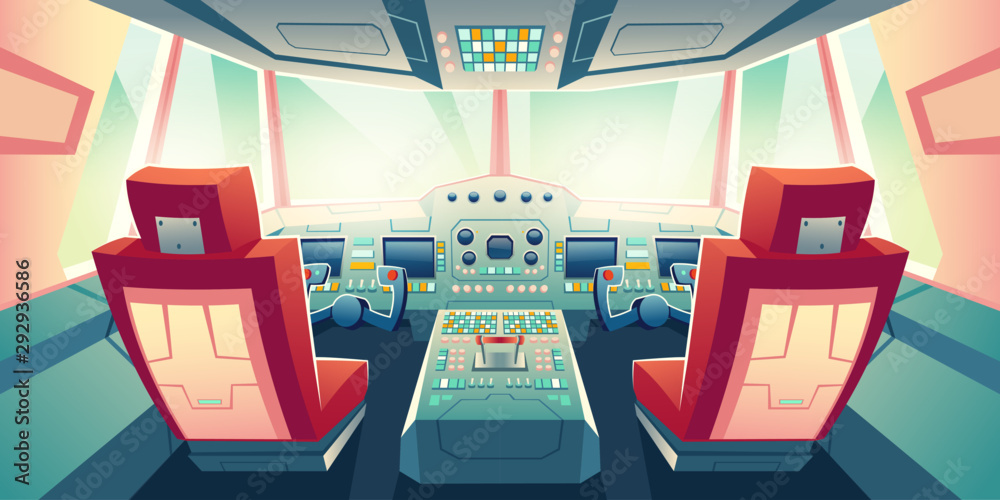 Passenger or cargo airliner cabin, business jet cockpit with captain ...