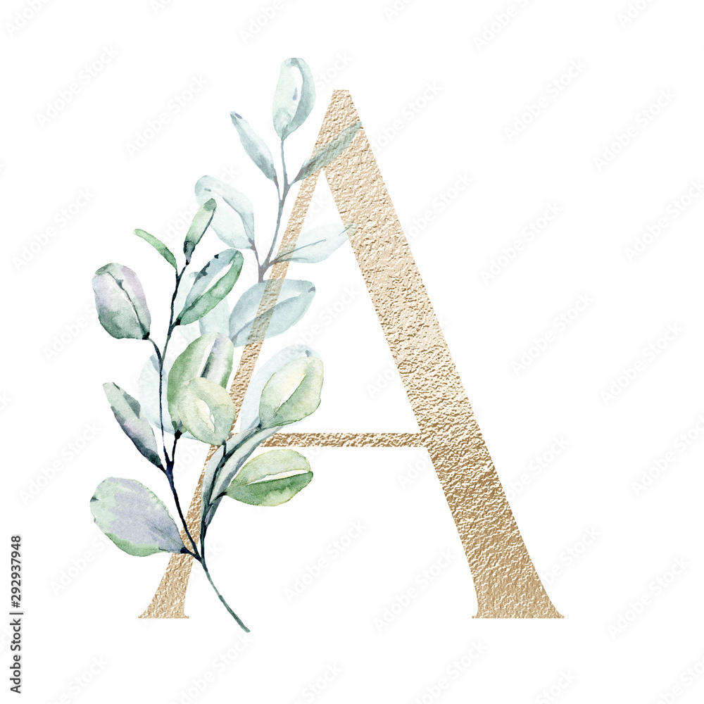 Letter a, gold floral alphabet with watercolor leaves eucalyptus ...