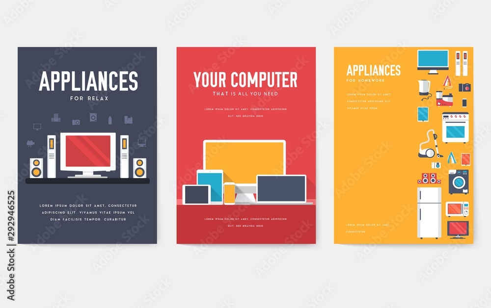 Home appliances cards set. Electronics template of flyear, magazines ...