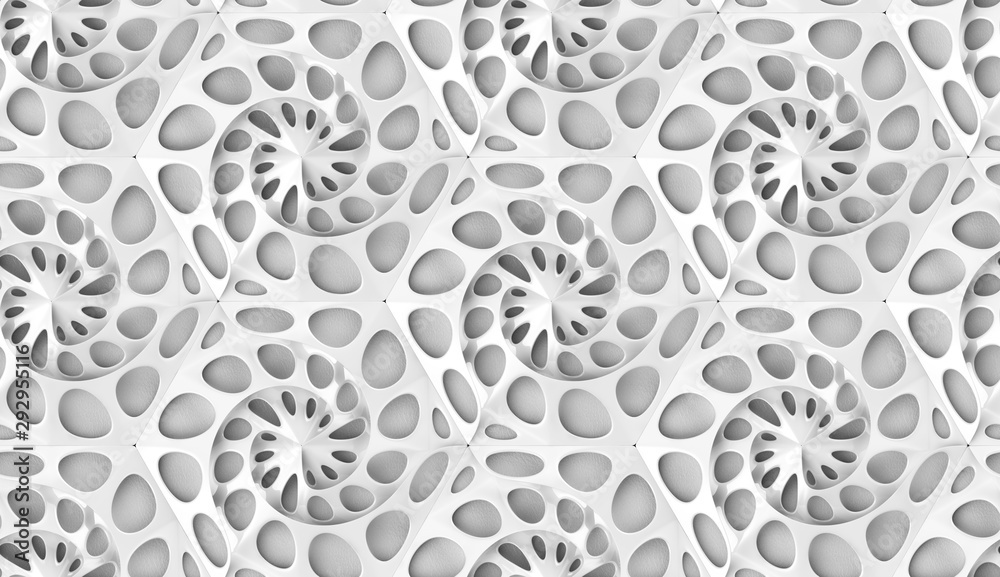 3d Wallpaper of white spiral shapes with a perforated design on white ...