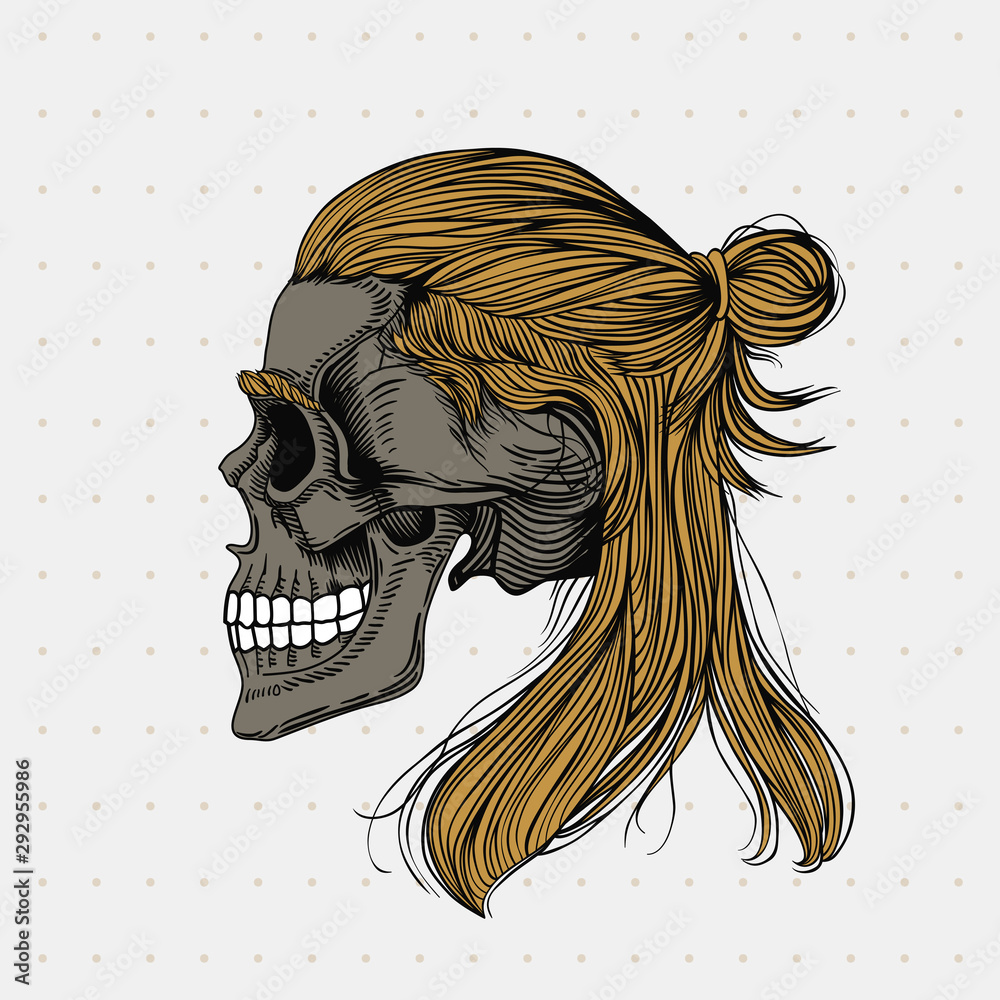 Skull with long hair wrapped in a bun. Stylish men's hairstyle. Picture ...