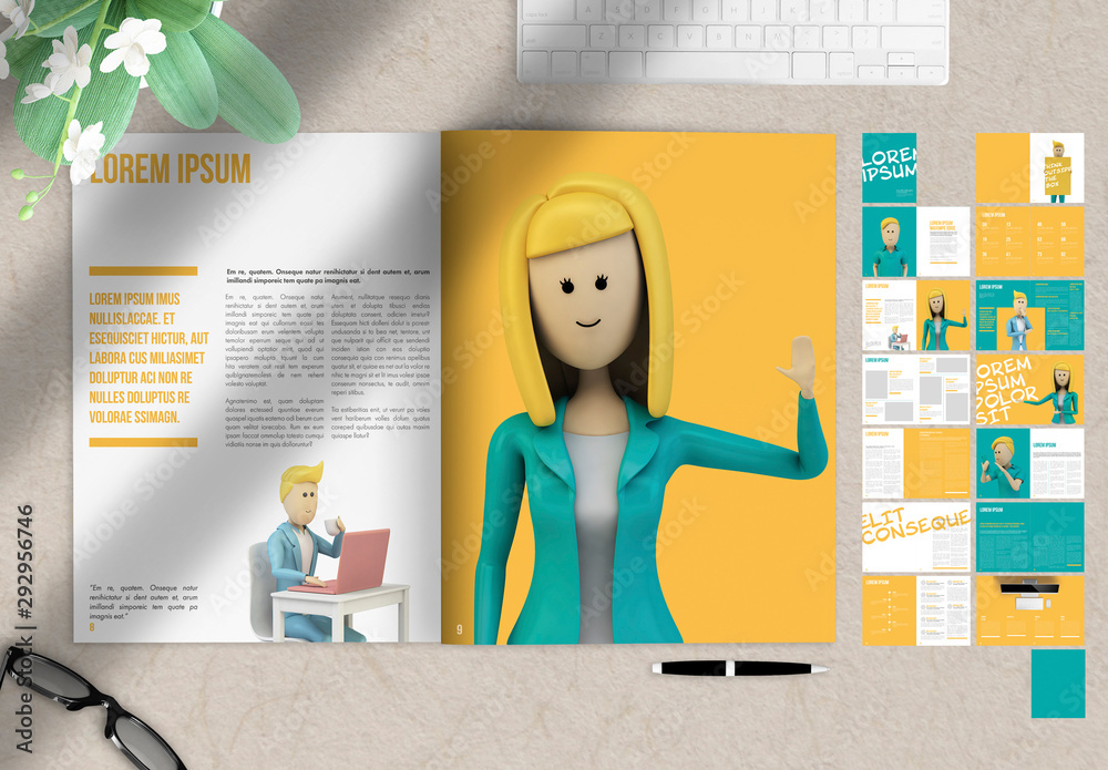 Teal and Yellow Magazine Layout with Character Illustrations Stock ...