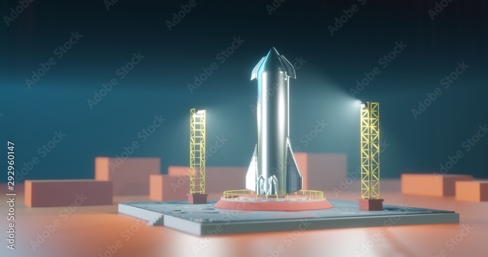 Starship on launch pad. 3d render of spaceship illustration. Rocket ...