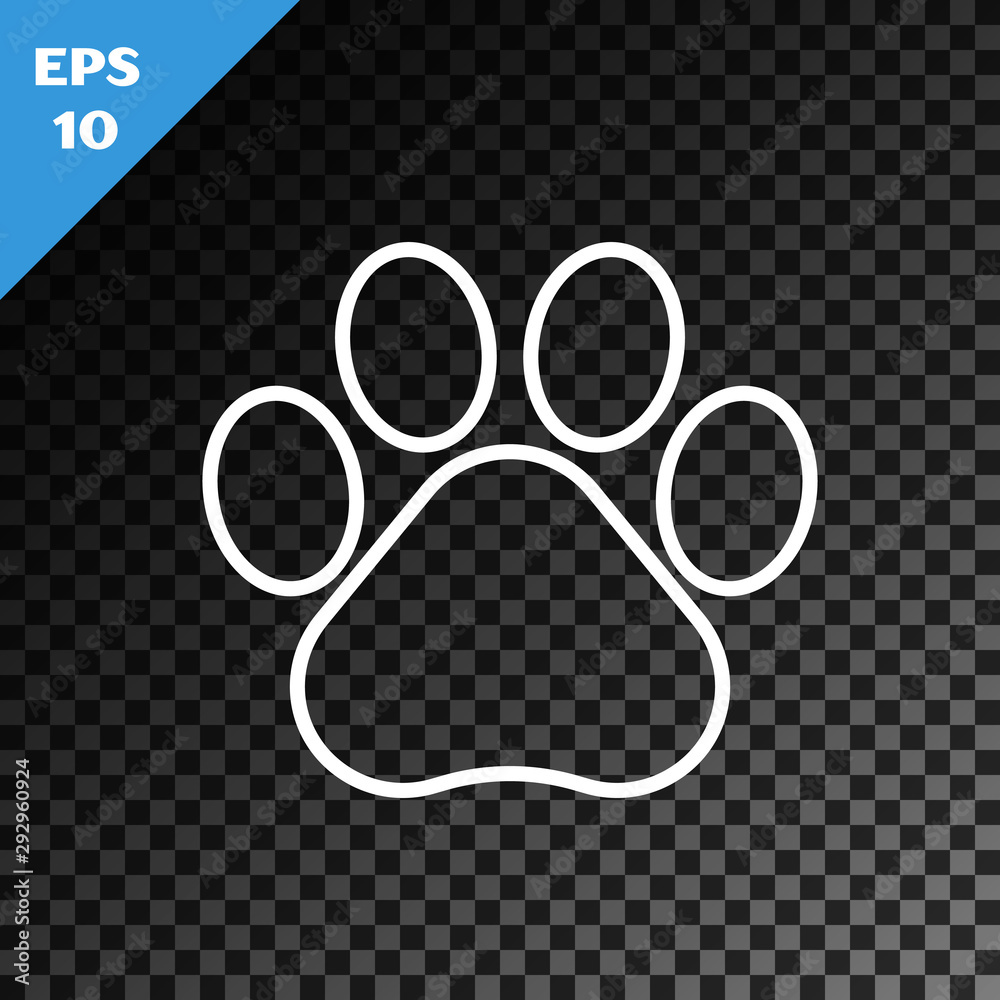 White line Paw print icon isolated on transparent dark background. Dog ...