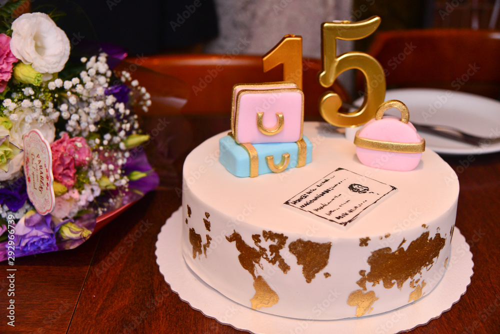 15th birthday cake with candles, golden world map, themed cake, golden ...