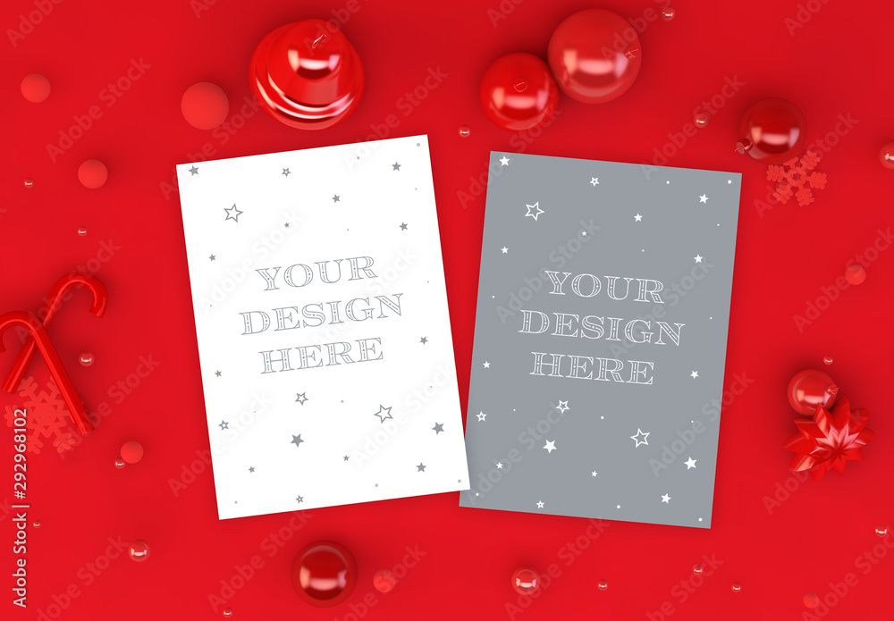 Vertical Christmas Cards on Red Background Mockup Stock Template ...