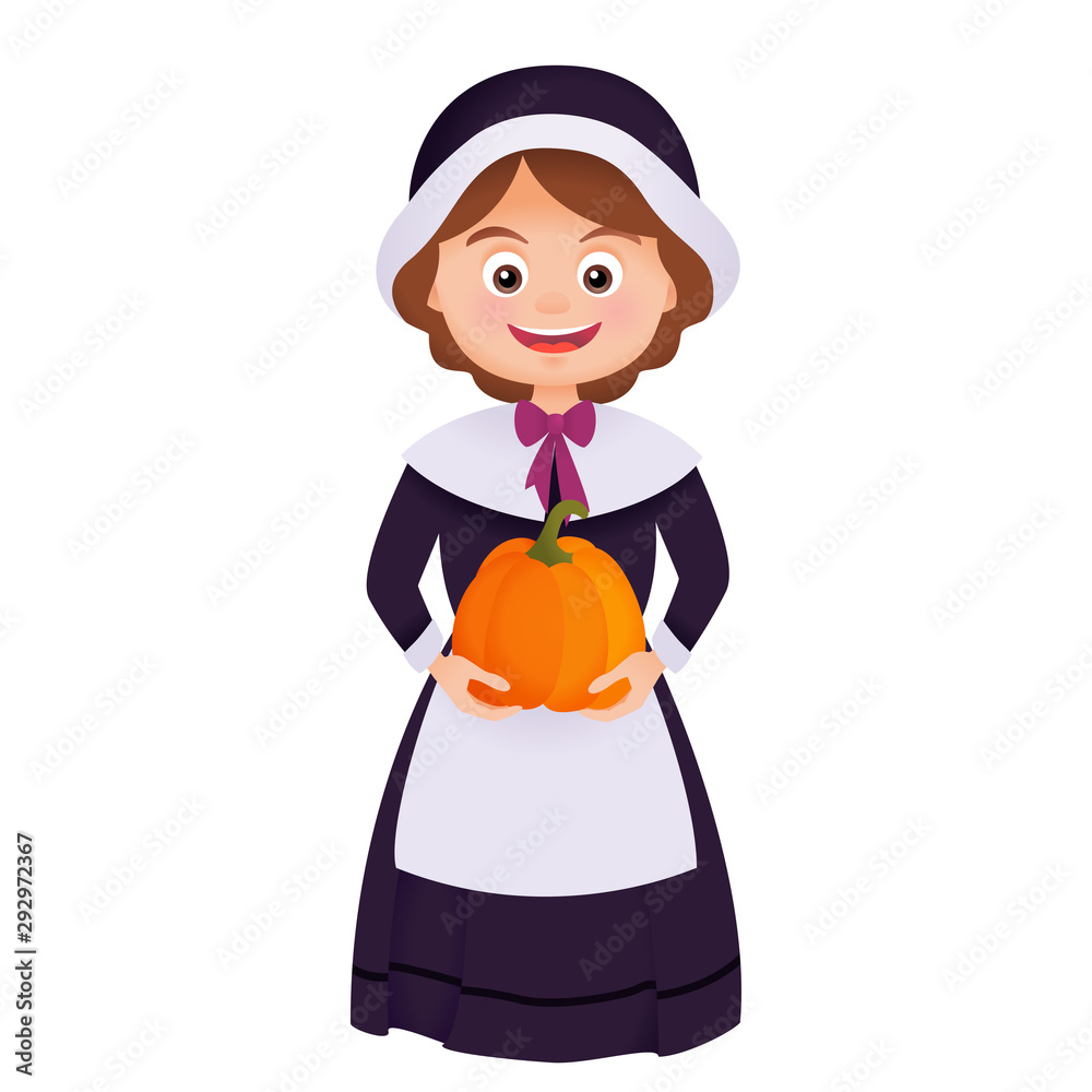 Pilgrim woman thanksgiving costume cartoon vector isolated on white ...