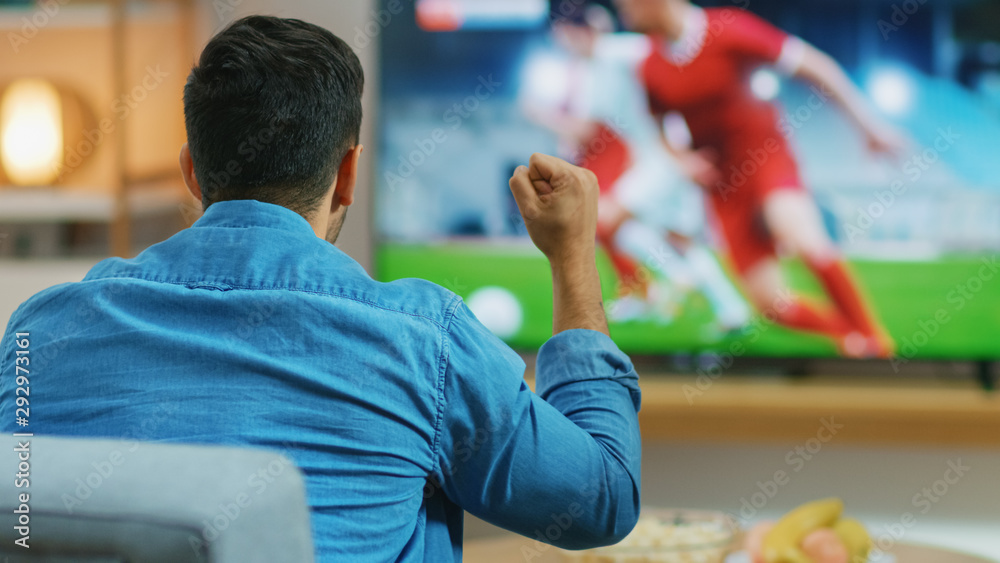At Home Sports Fan Watches Important Soccer Match on TV, He ...