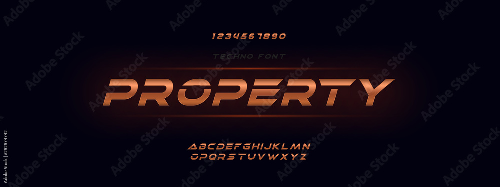 Modern universal chrome plated copper font. Uppercase letters and ...