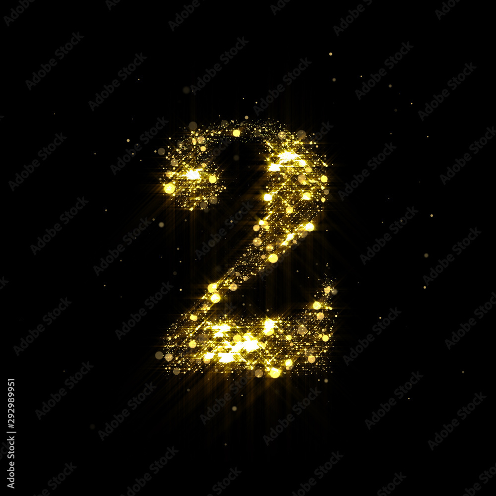 Golden glitter number 2, sparkling gold light and glowing gold ...