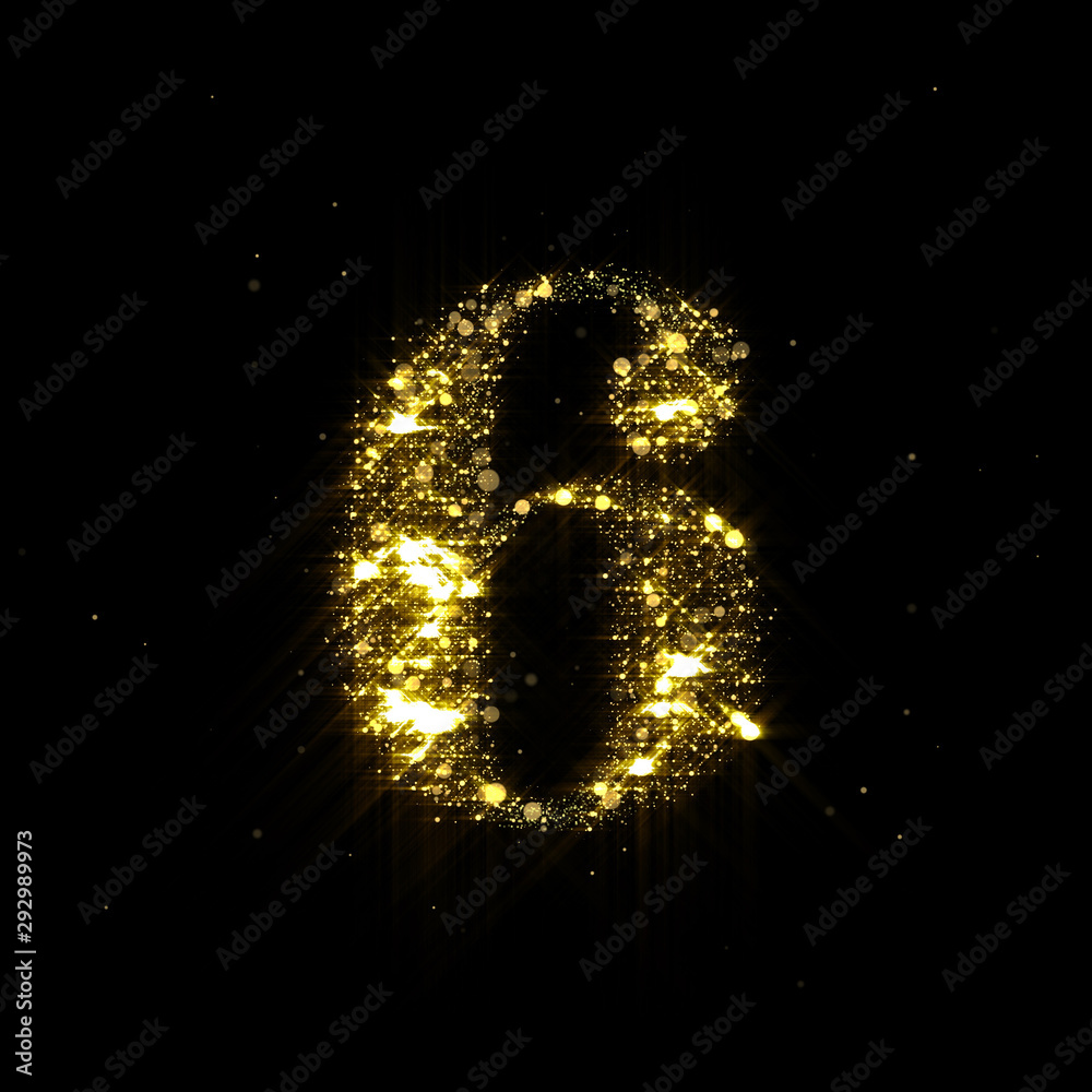 Golden glitter number 6, sparkling gold light and glowing gold ...
