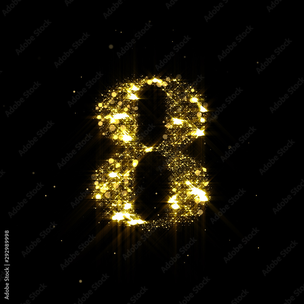 Golden glitter number 8, sparkling gold light and glowing gold ...