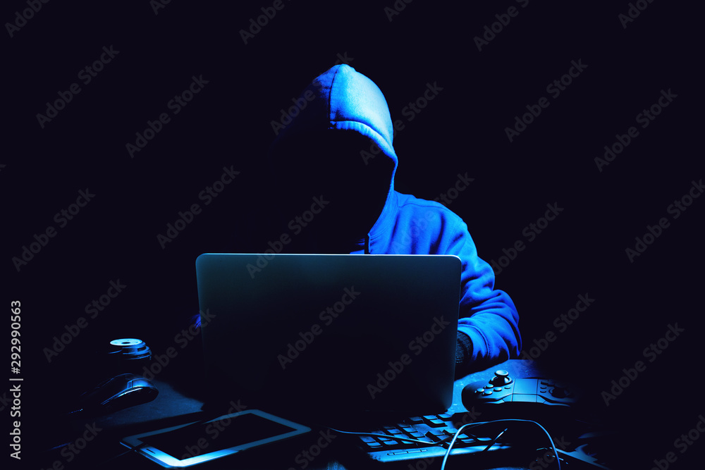 hacker man terrorist with virus computer attack to server network ...