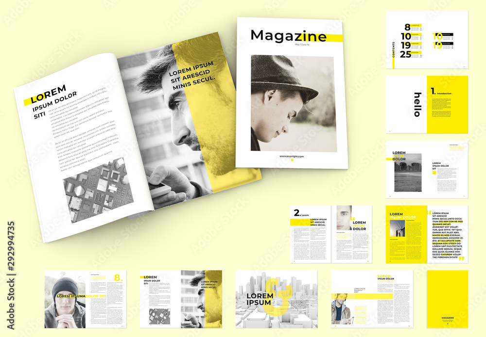 Magazine Layout with Yellow Overlay Elements and Text Stock Template ...