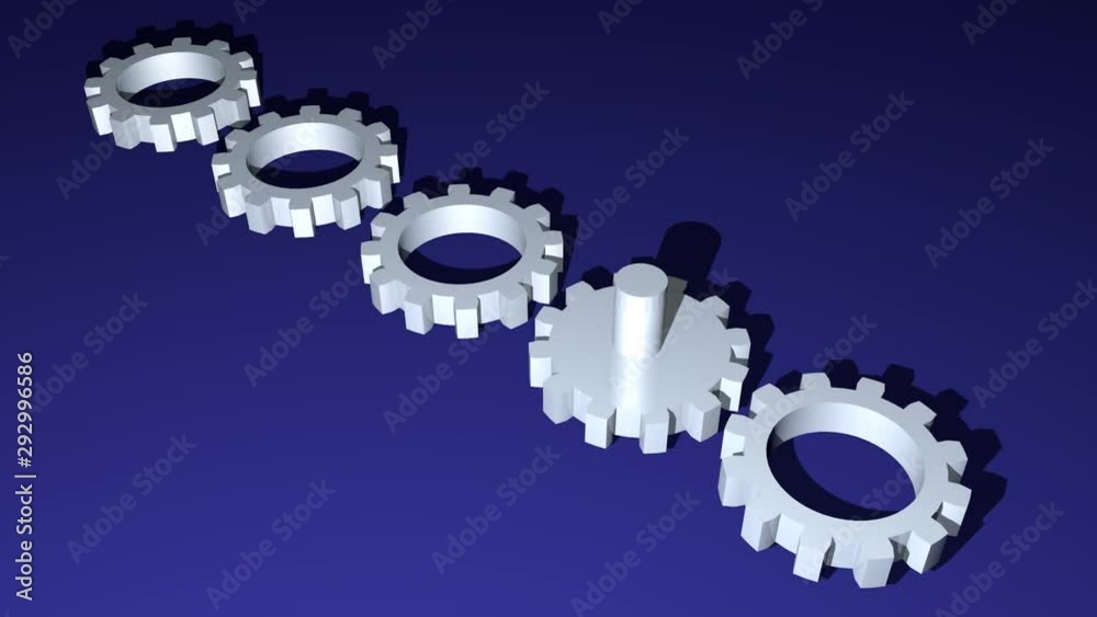 Metallic gears rotatig in diagonal area on dark blue background ...