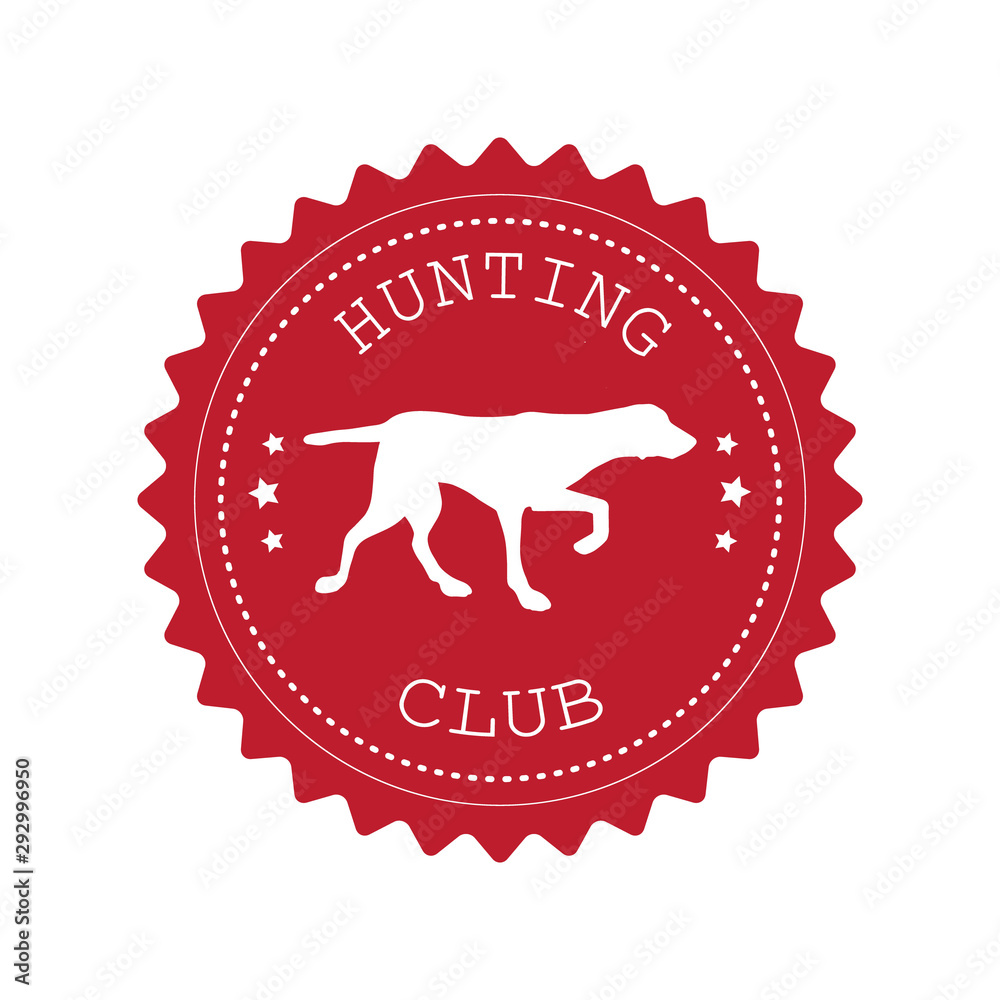 Vector flat retro round red logo with hunting dog silhouette isolated ...