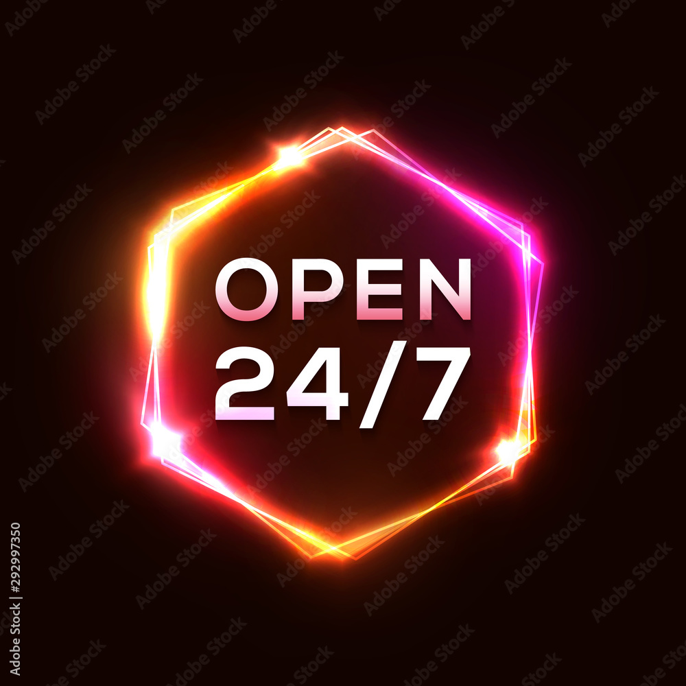 Retro night club neon sign Open 24 7. Light electric hexagon frame on ...