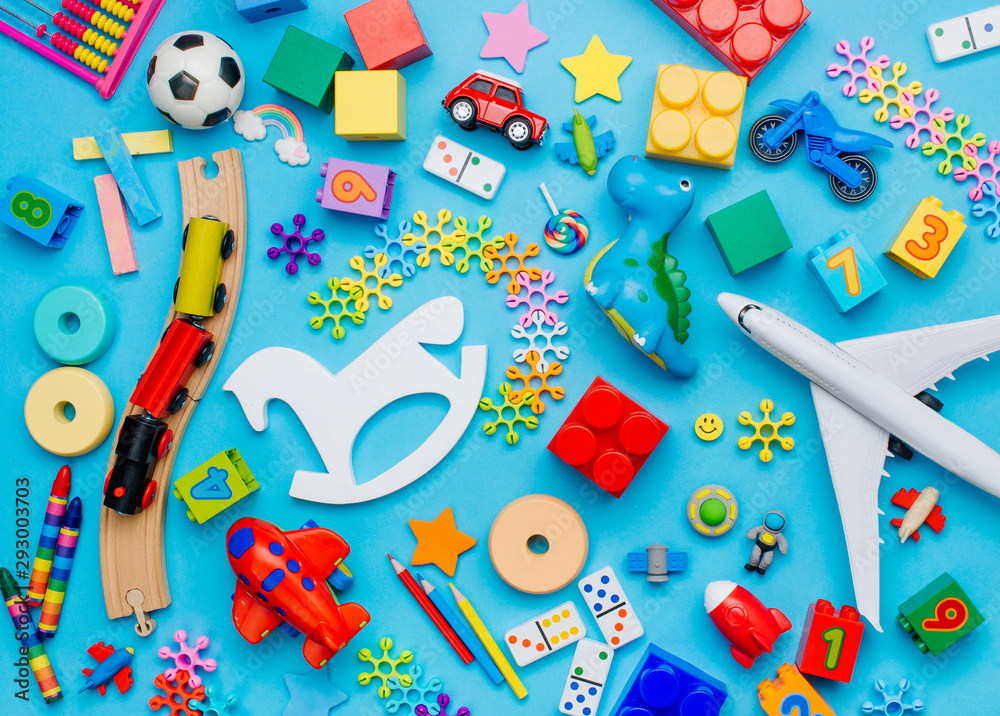 Set of kids toys on blue background Stock Photo | Adobe Stock