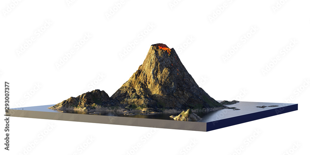 volcano erupts lava, cross section model of island with volcanism ...
