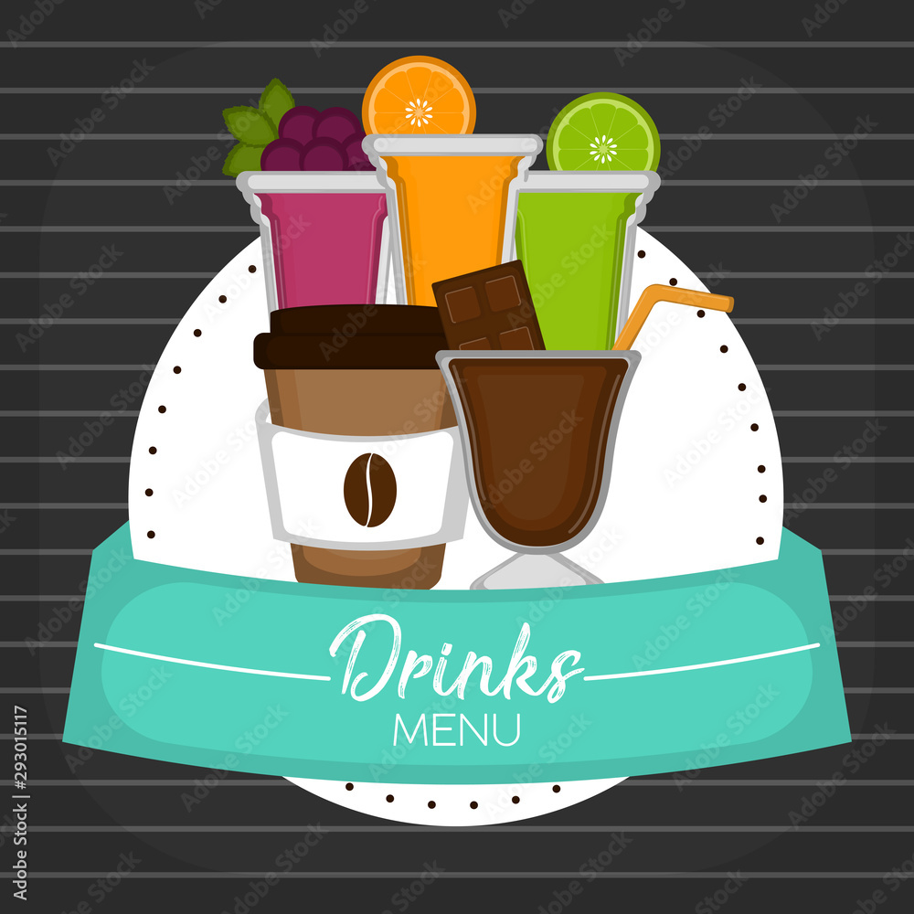 Drinks menu with a fruit cocktail glasses, coffee cup and chocolate ...