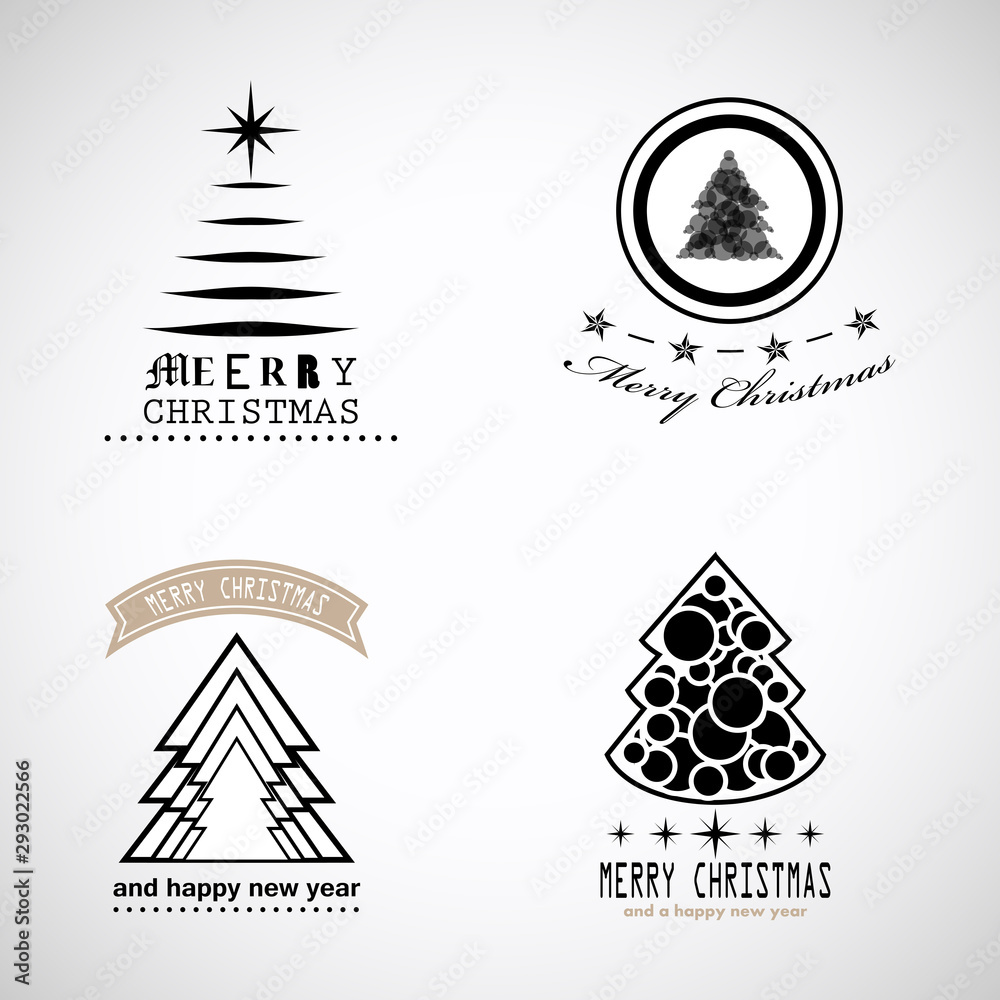 Abstract Christmas Tree Icons. Black Silhouette Set - Isolated On Gray ...