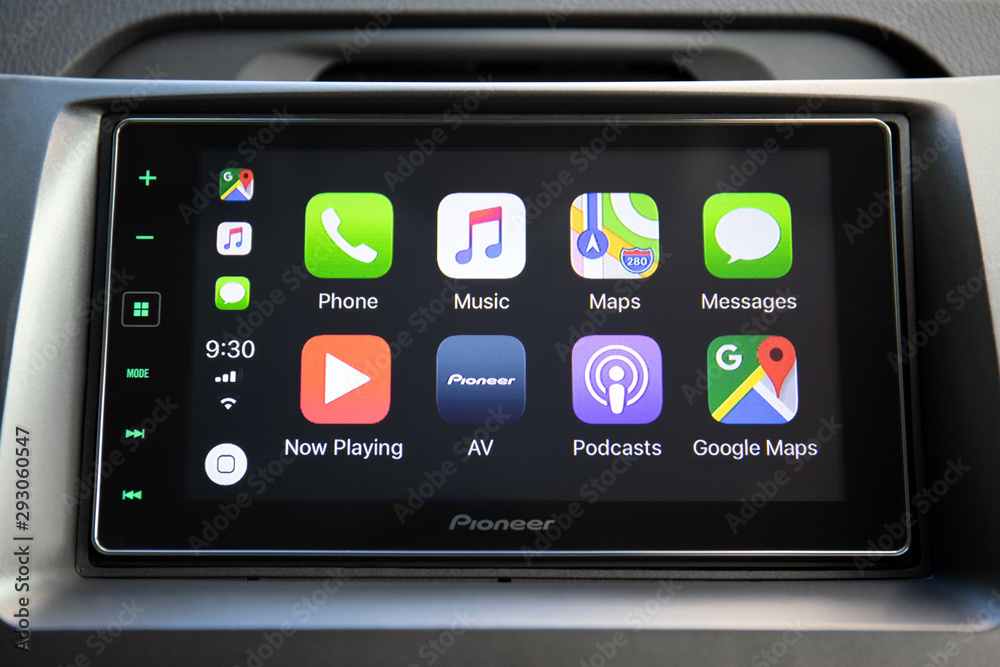 Car Play on multimedia system with Google Maps on screen Stock Photo ...