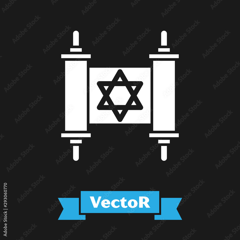 White Torah scroll icon isolated on black background. Jewish Torah in ...
