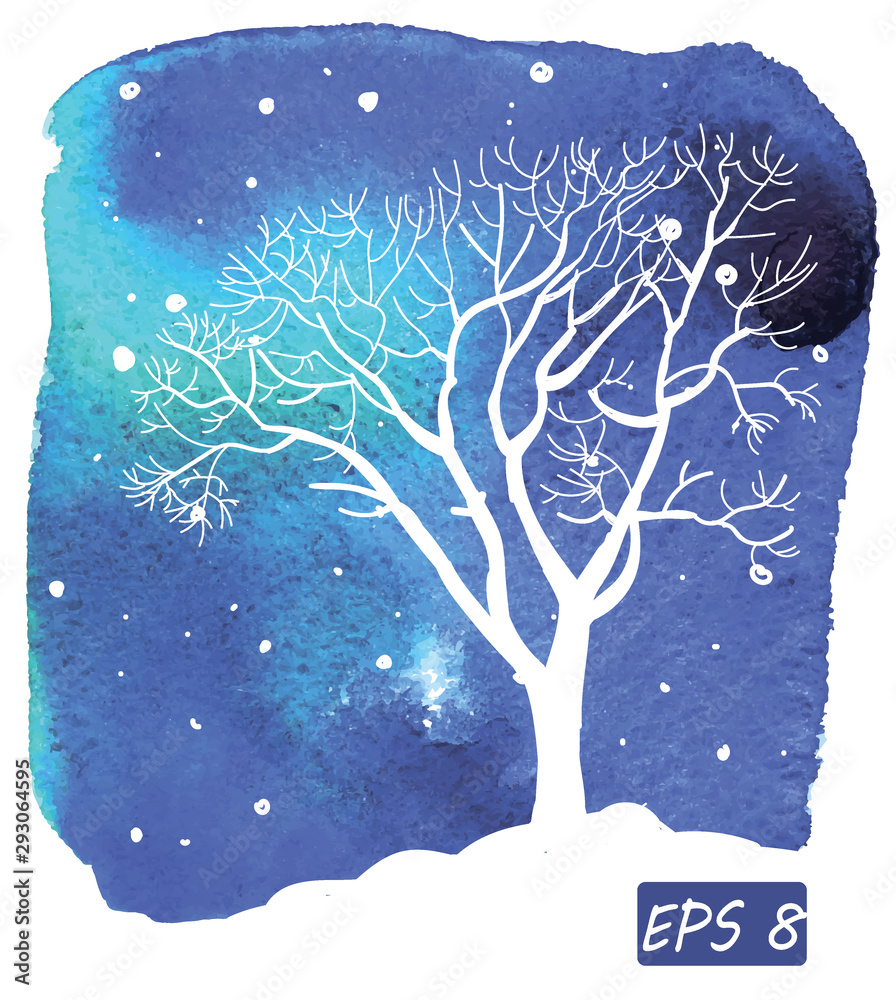 Tree in winter . Vector freehand drawing with watercolor texture. Tree ...