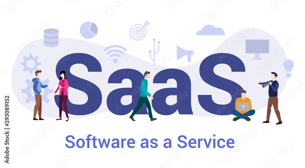 saas software as a service concept with big word or text and team ...