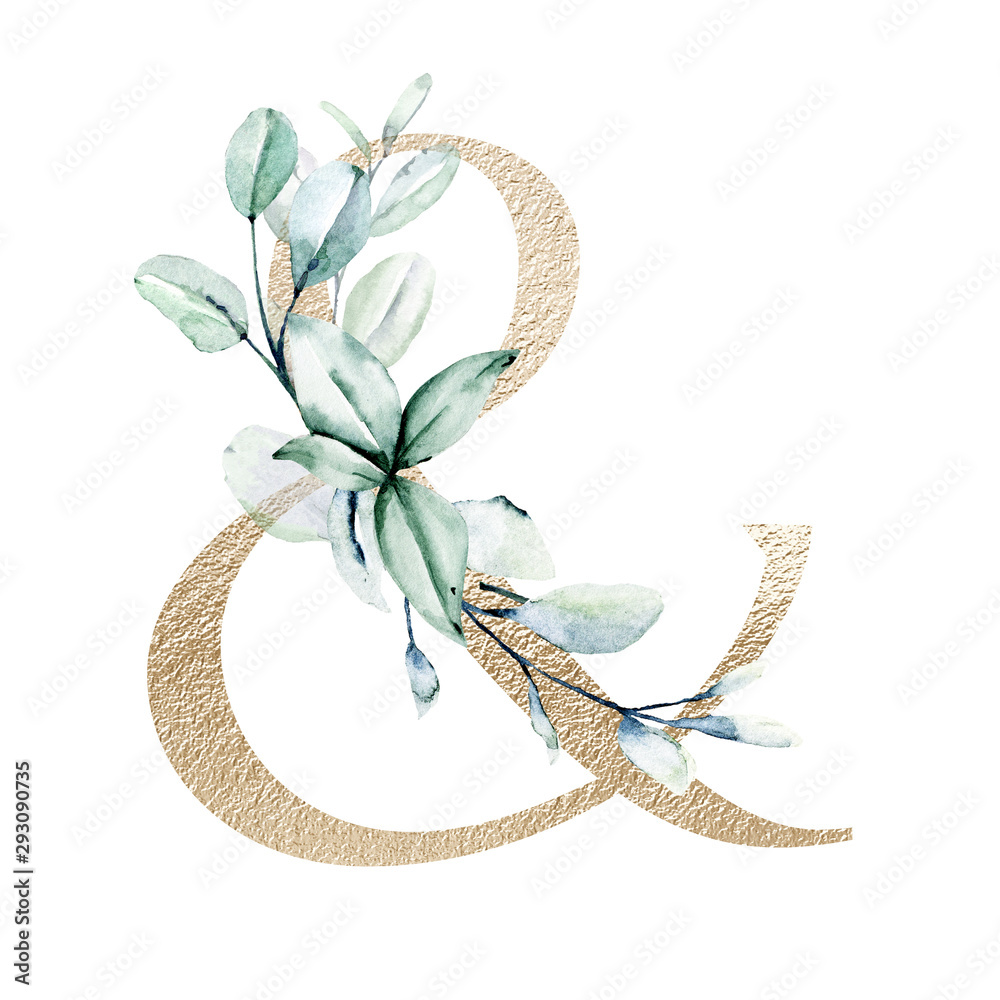 Letter &, gold floral alphabet with watercolor leaves eucalyptus ...