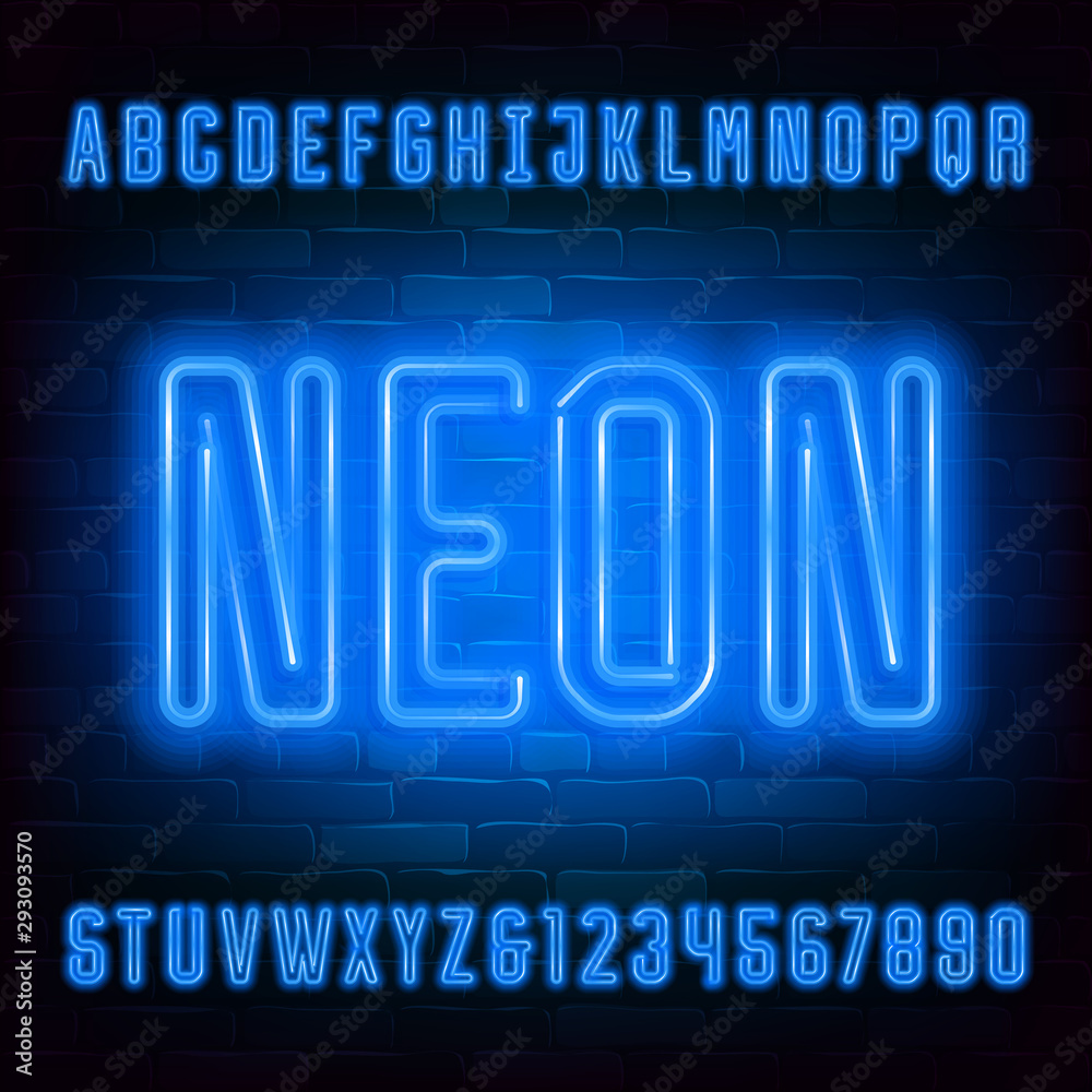 Neon alphabet font. Blue neon light capital letters and numbers on ...