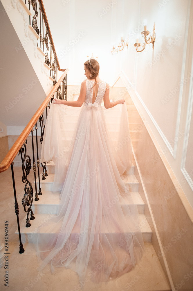 A girl in a dress climbs the stairs. Beautiful lady in a luxurious ball ...
