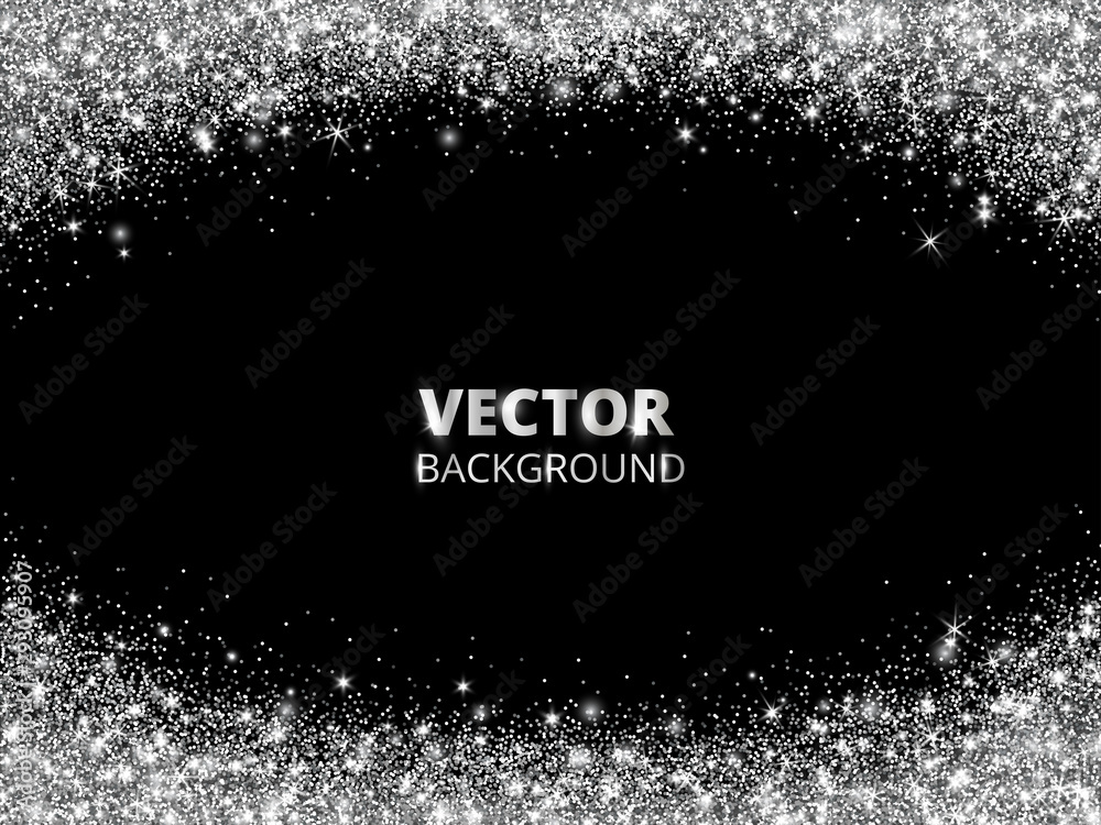 Sparkling glitter border, frame. Falling silver dust on black ...
