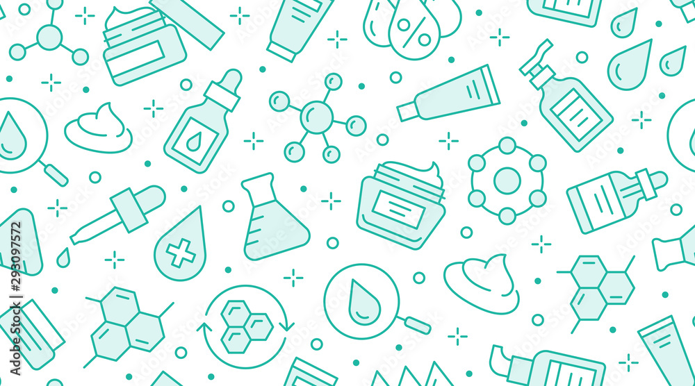 Skin care seamless pattern with line icons. Hyaluronic acid drop, serum ...