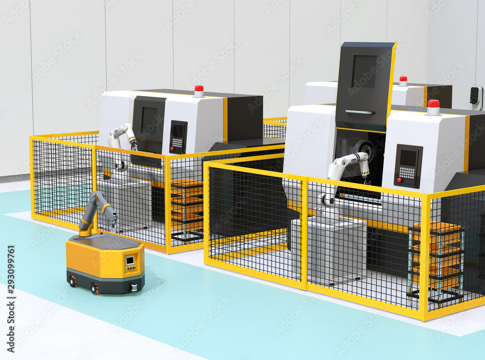 Mobile robot passing CNC robot cells in factory. Smart factory concept ...