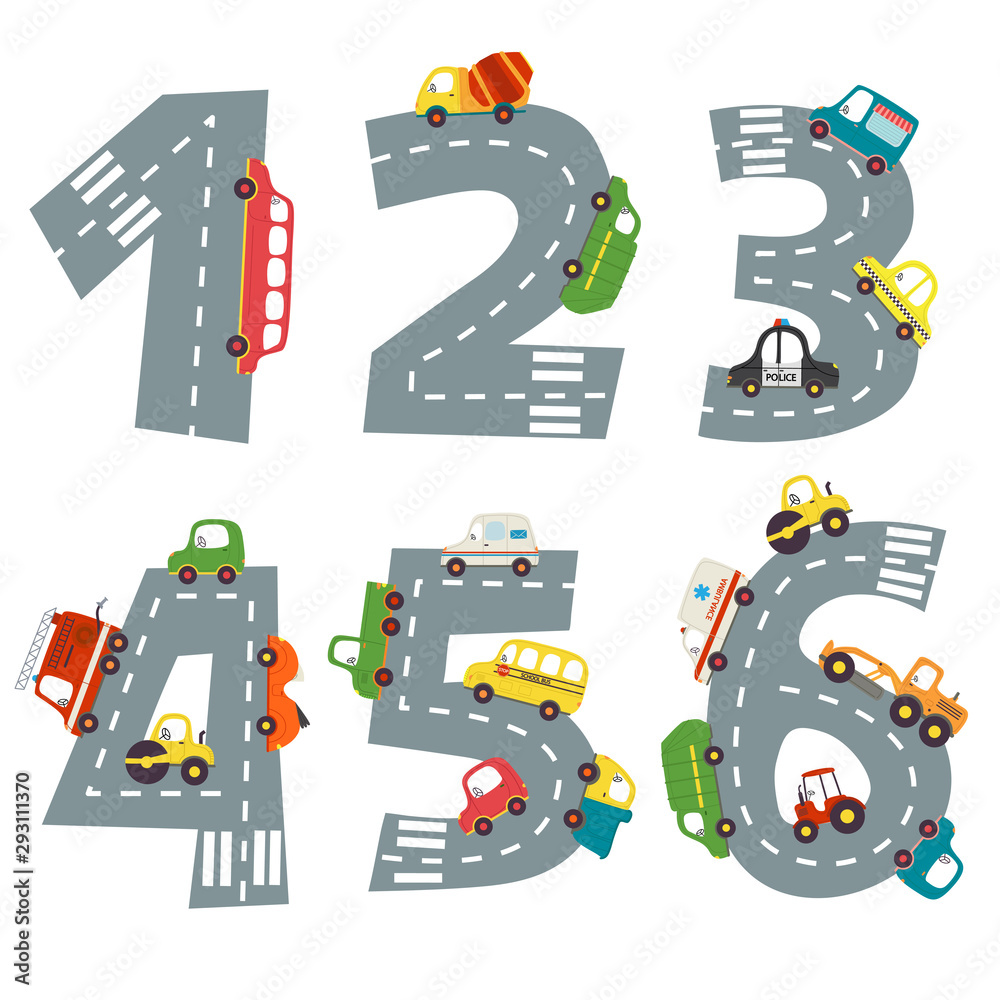 set of numbers with number of cars from 1 to 6- vector illustration ...