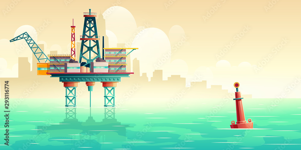 Oil platform in open sea. Oil extraction, fuel production industry ...