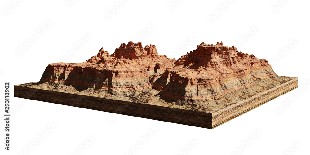 model of a cross section of a desert mountain, mesa isolated on white ...