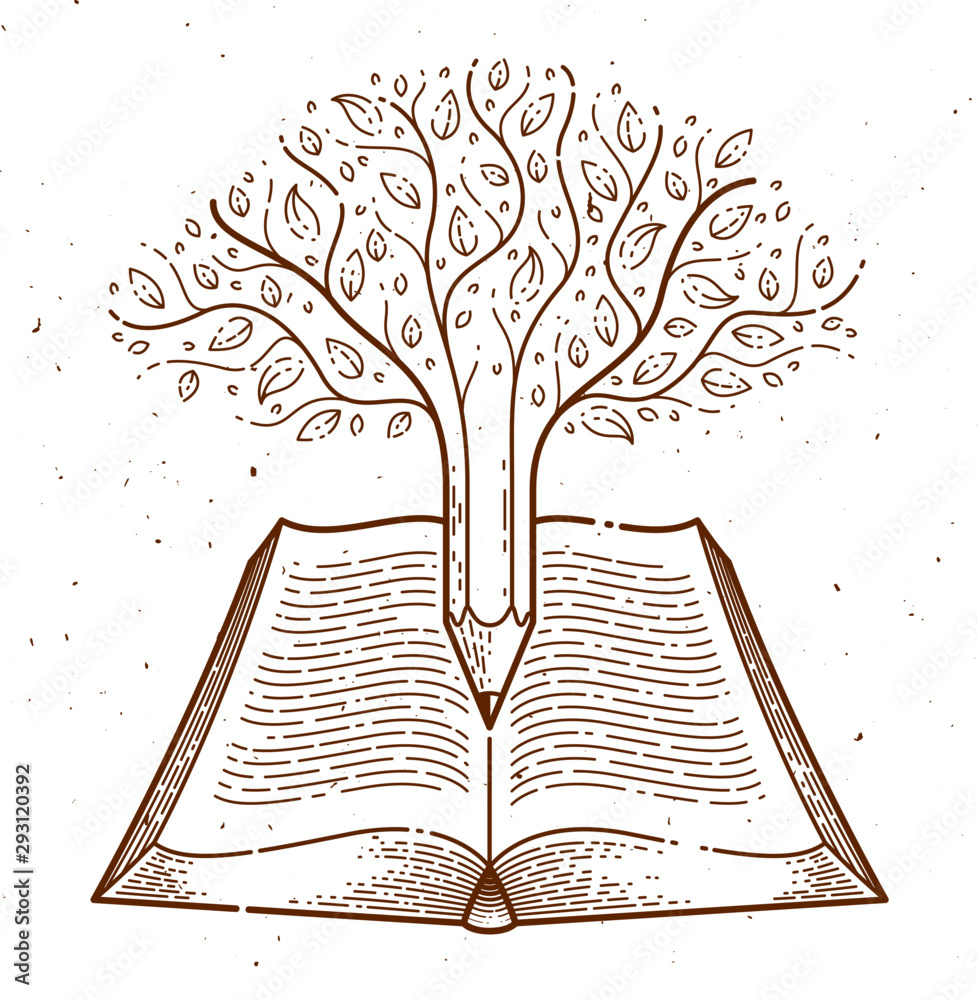 Tree combined with pencil over open vintage book education or science ...