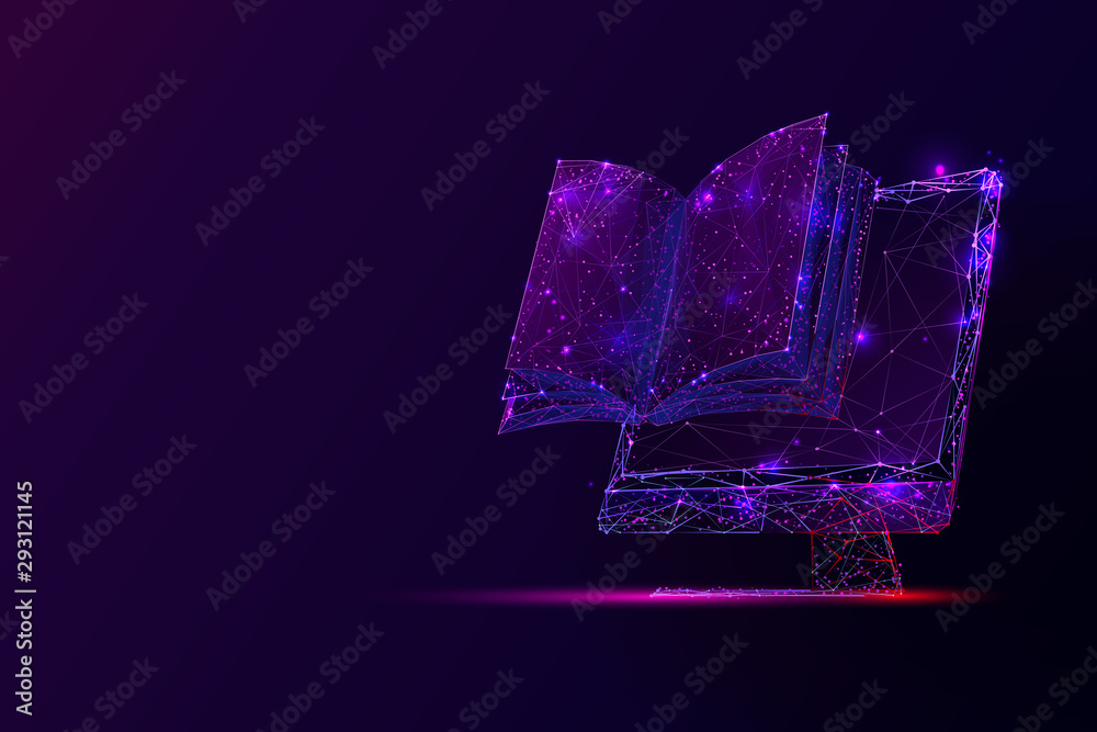 PC screen and book low poly vector illustration. 3d open textbook ...