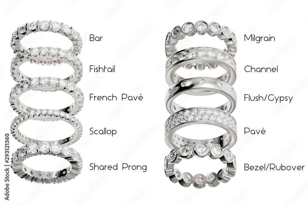 Variously set eternity diamond rings with design name on white ...