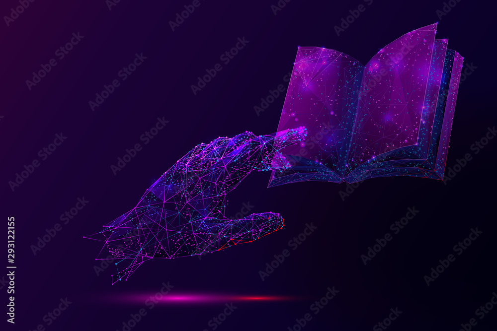 Hand pointing at book low poly vector illustration. 3d palm and ...