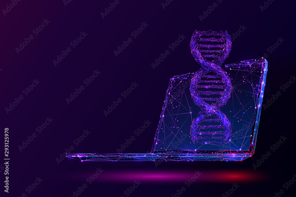 Purple genetic engineering low poly wireframe illustration. 3D DNA ...